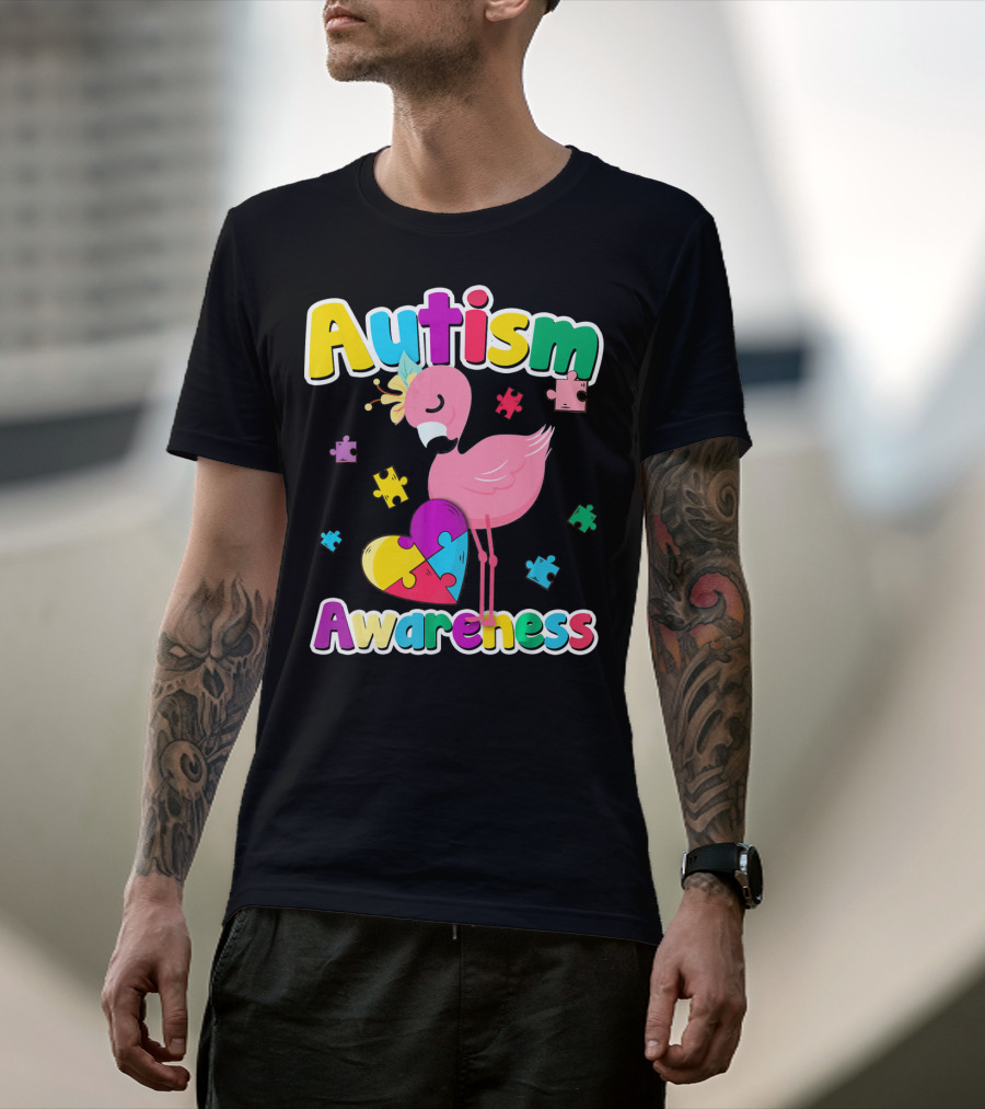 Autism Awareness Flamingo Heart Puzzle Pieces T-Shirt