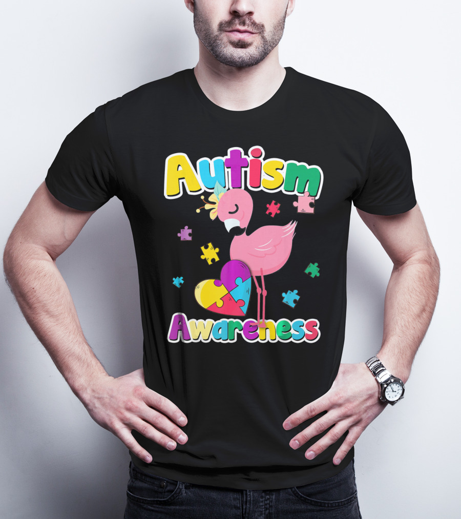 Autism Awareness Flamingo Heart Puzzle Pieces T-Shirt
