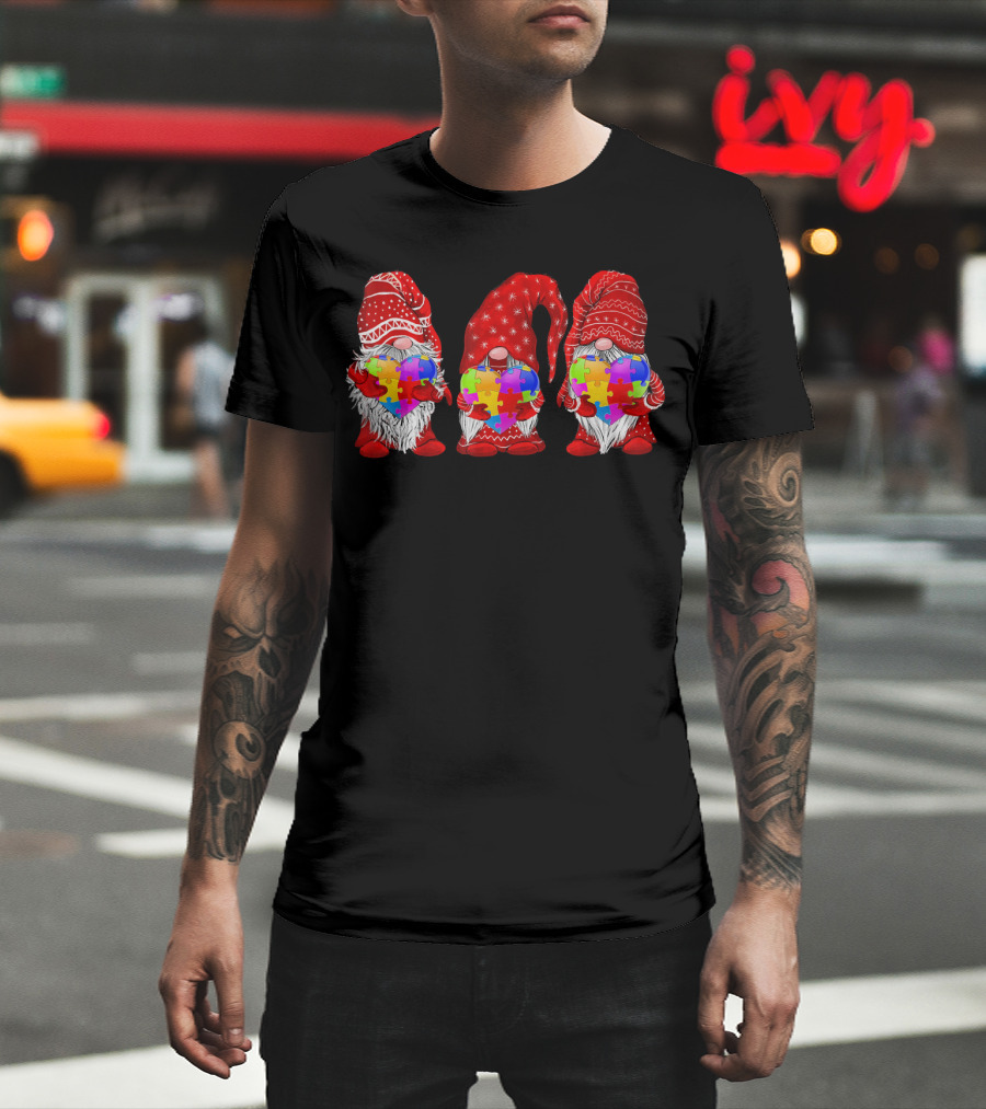 Autism Awareness Gnomies Red Hats Holding Colorful Puzzle Pieces T-Shirt