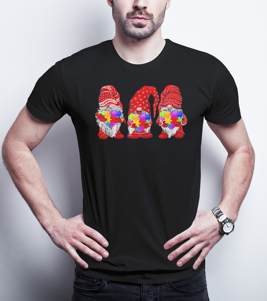 Autism Awareness Gnomies Red Hats Holding Colorful Puzzle Pieces T-Shirt