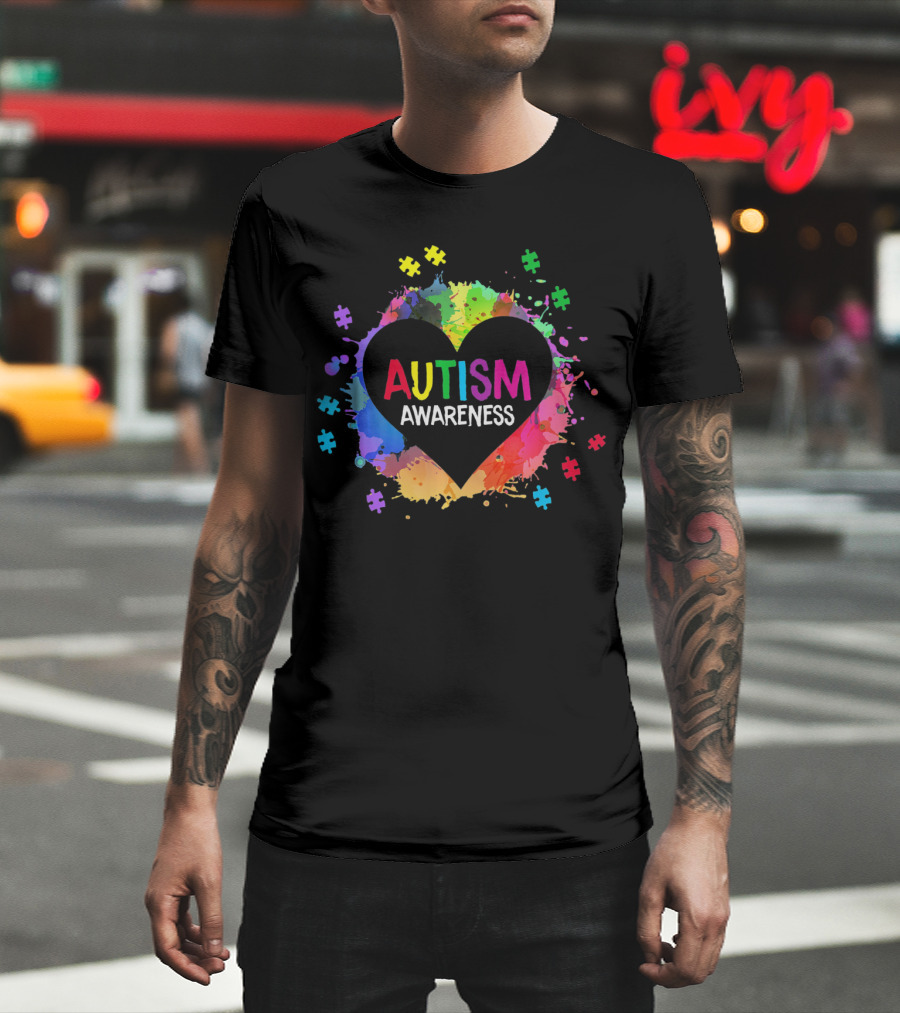 Autism Awareness Colorful Heart Puzzle Splash T-Shirt