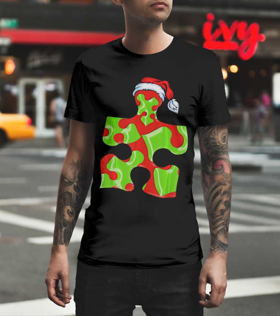 Puzzle Piece Santa Hat Red Green Autism Awareness T-Shirt