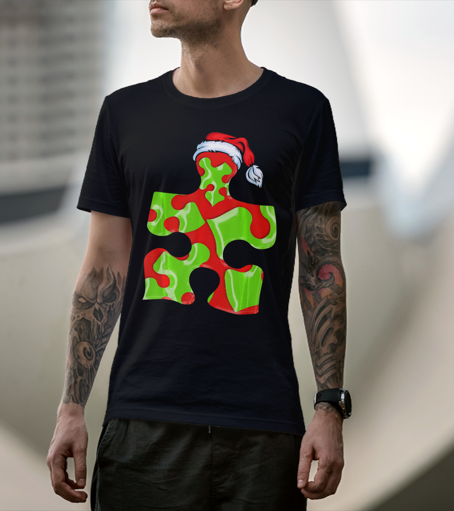 Puzzle Piece Santa Hat Red Green Autism Awareness T-Shirt