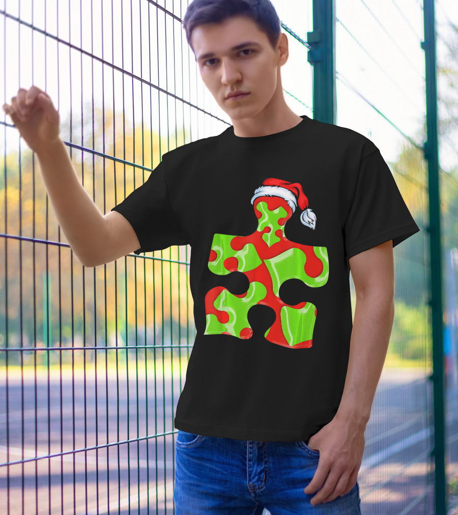 Puzzle Piece Santa Hat Red Green Autism Awareness T-Shirt