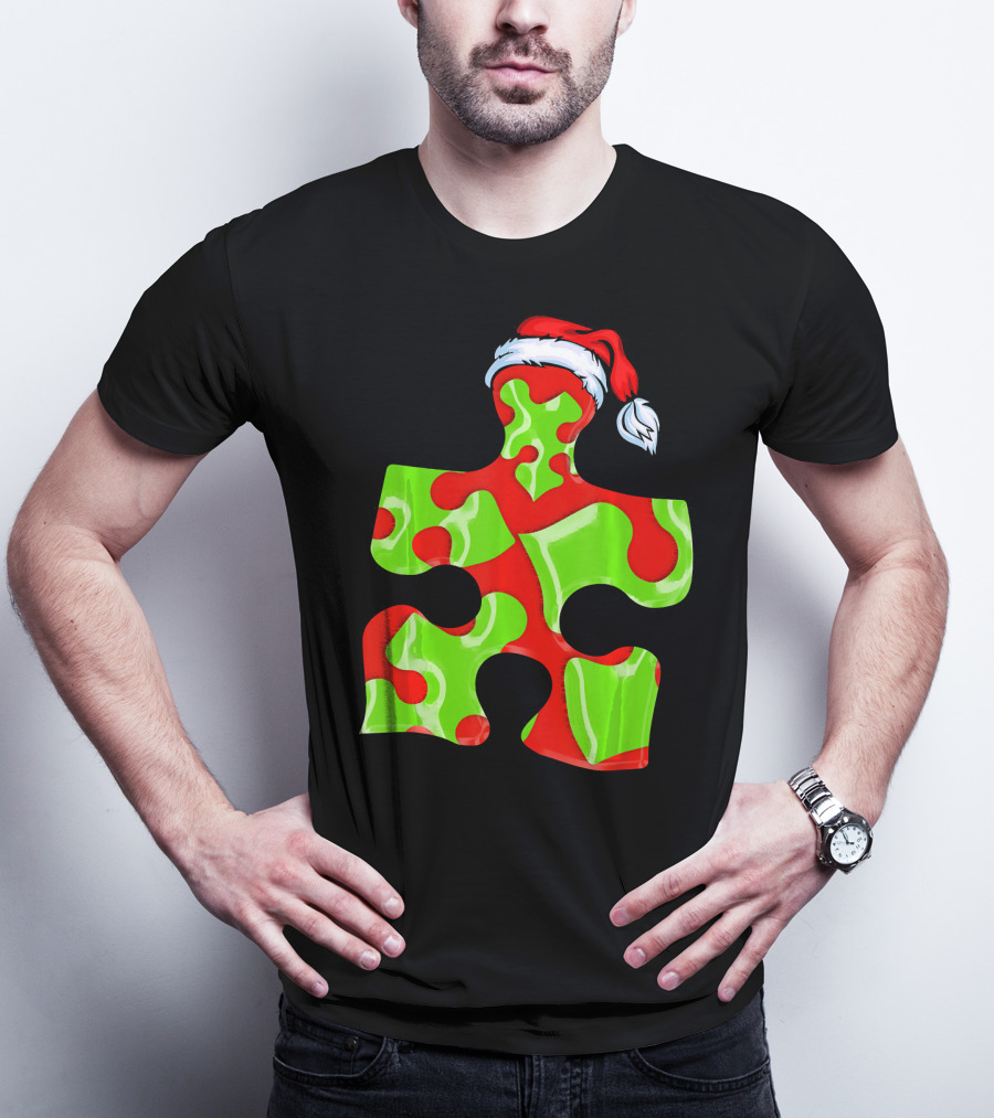 Puzzle Piece Santa Hat Red Green Autism Awareness T-Shirt
