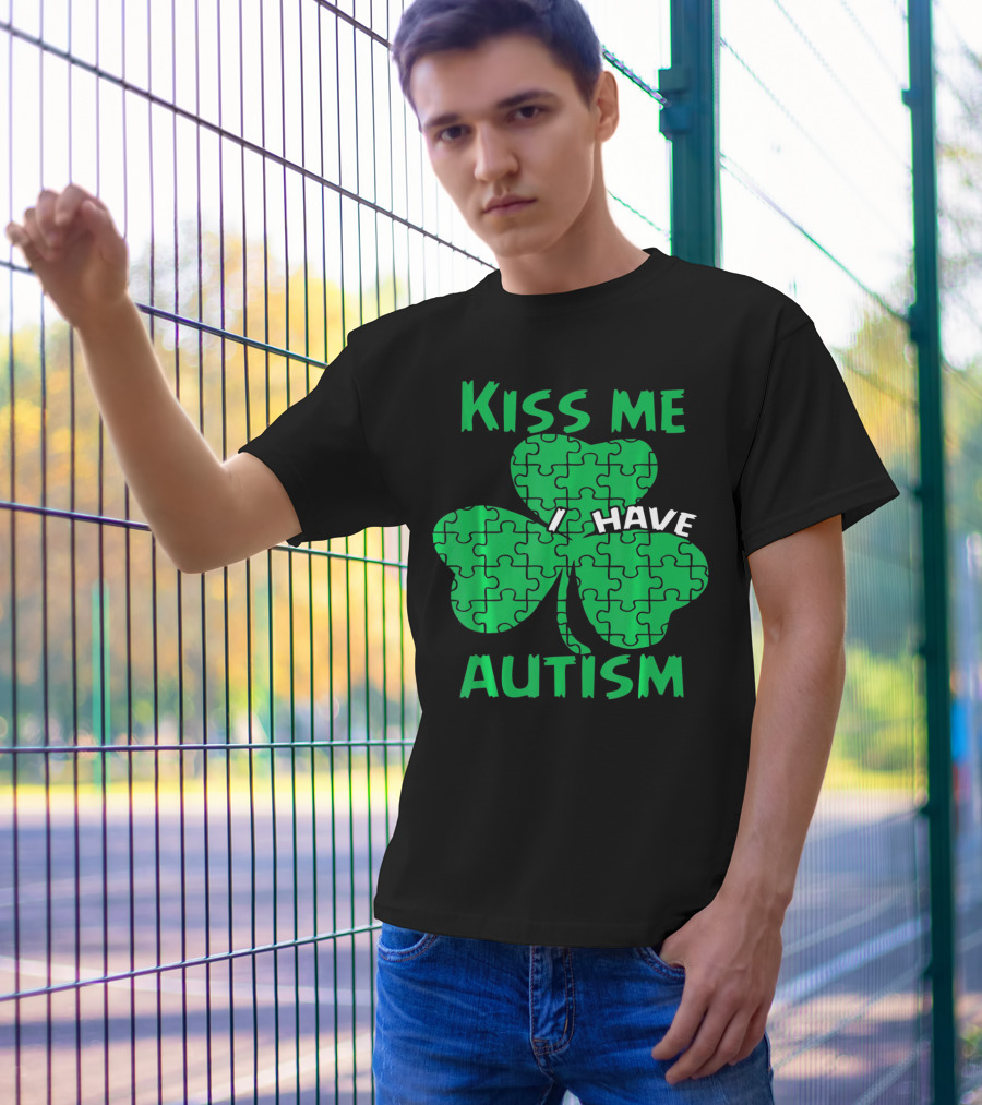 Kiss Me I Have Autism Awareness Shamrock Puzzle T-Shirt