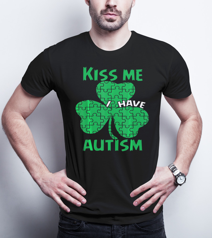 Kiss Me I Have Autism Awareness Shamrock Puzzle T-Shirt