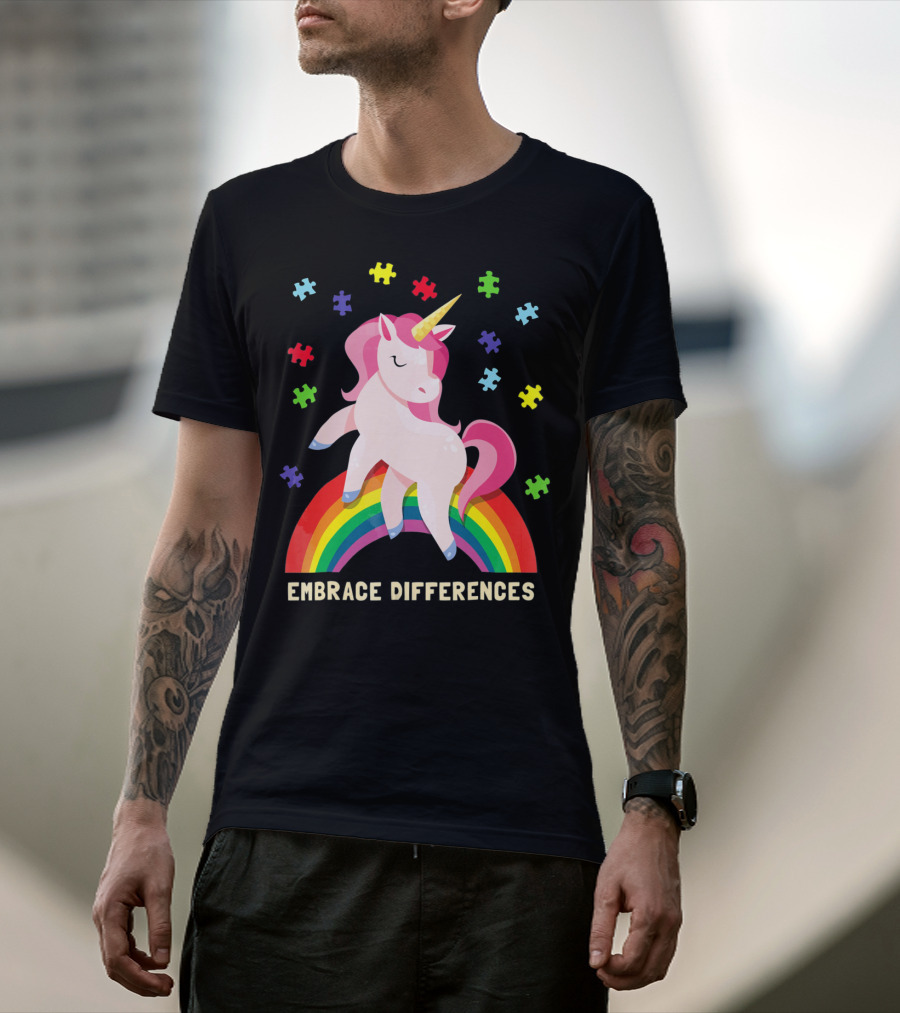 Embrace Differences Autism Awareness Youth Unicorn Rainbow Puzzle Pieces T-Shirt