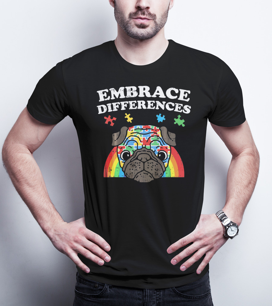 Embrace Differences Autism Awareness Pug With Puzzle Pieces And Rainbow T-Shirt