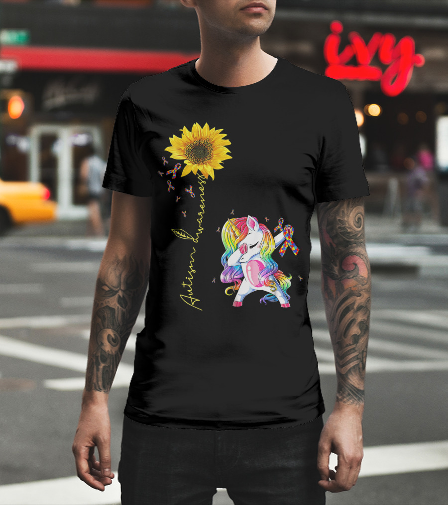 Autism Awareness Unicorn With Rainbow Ribbon Sunflower T-Shirt