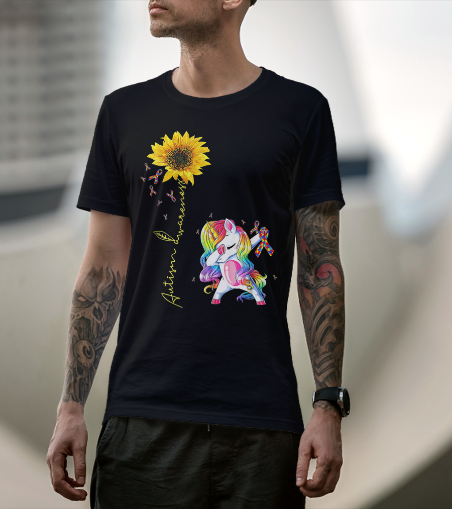 Autism Awareness Unicorn With Rainbow Ribbon Sunflower T-Shirt