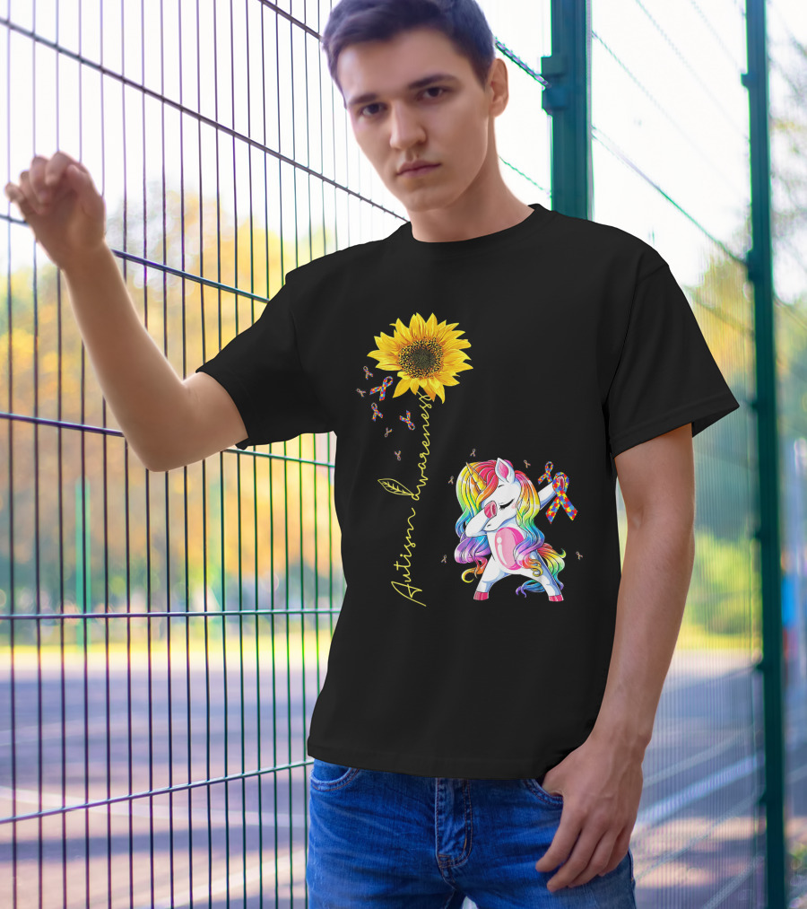 Autism Awareness Unicorn With Rainbow Ribbon Sunflower T-Shirt