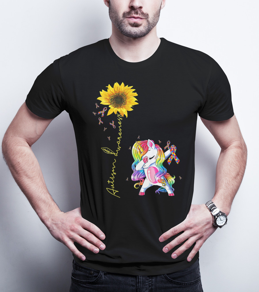 Autism Awareness Unicorn With Rainbow Ribbon Sunflower T-Shirt