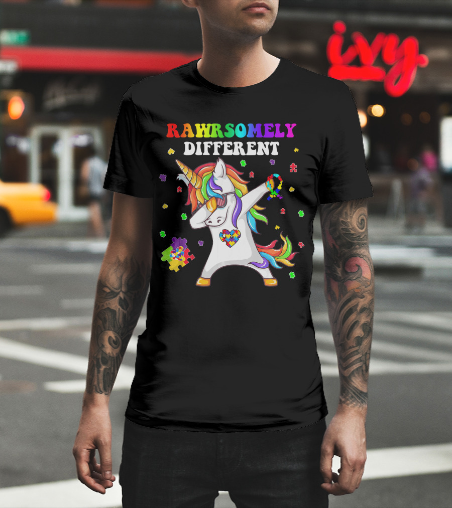 Rawrsomely Different Unicorn Autism Awareness Puzzle Pieces Dabbing T-Shirt