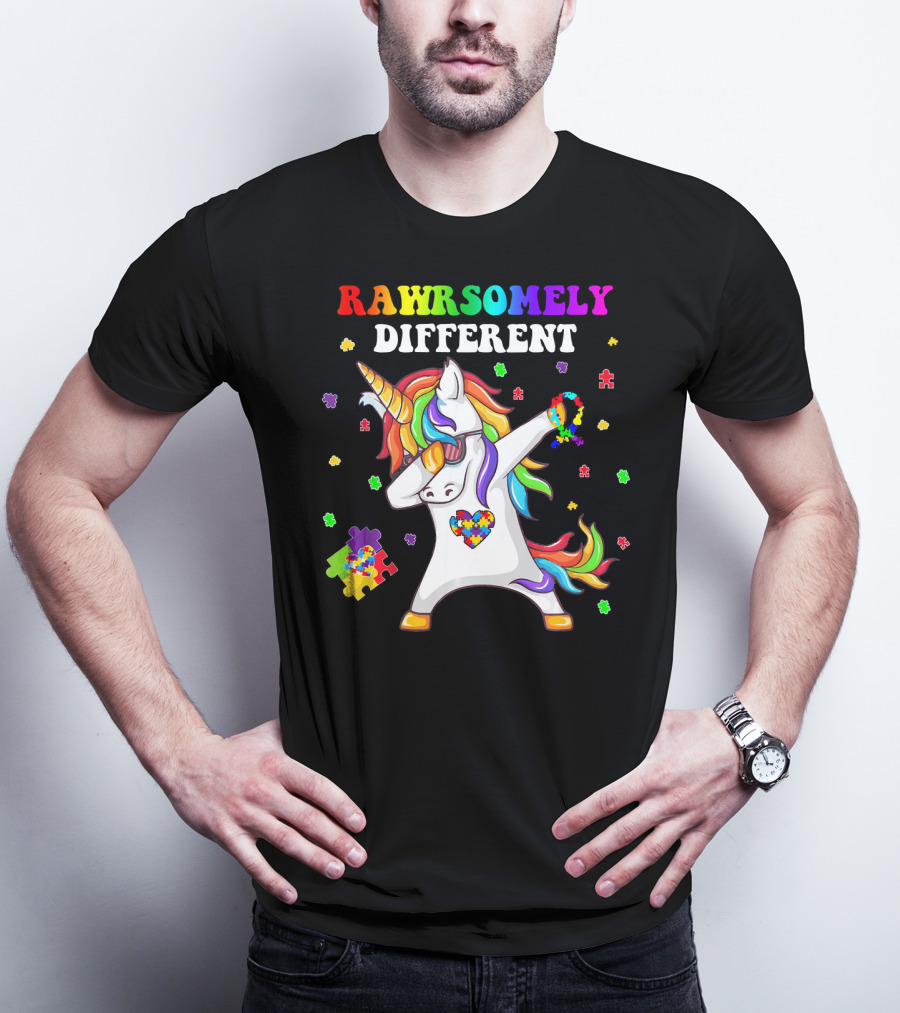Rawrsomely Different Unicorn Autism Awareness Puzzle Pieces Dabbing T-Shirt