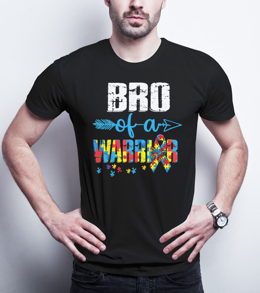 Bro Of A Warrior Autism Awareness Puzzle Ribbon Butterfly Arrow T-Shirt