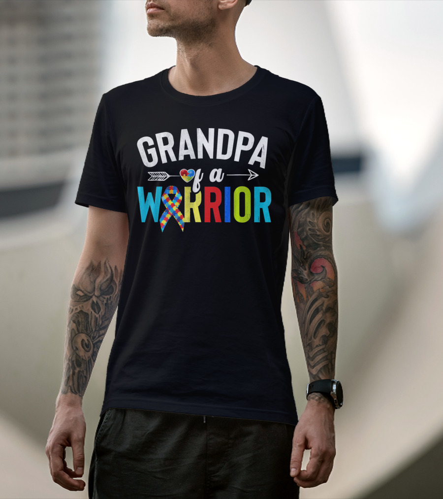 Grandpa Of A Warrior Autism Awareness Puzzle Ribbon Heart T-Shirt