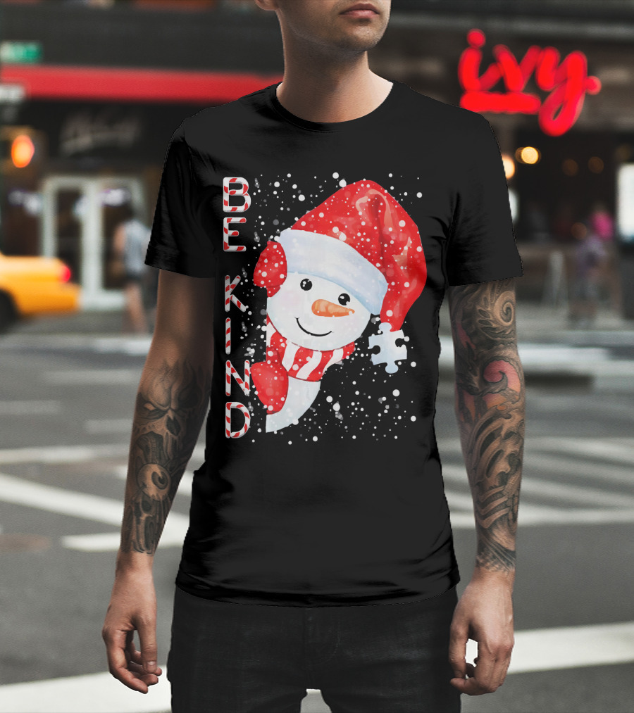 Be Kind Snowman Santa Hat Autism Puzzle Piece Holiday T-Shirt