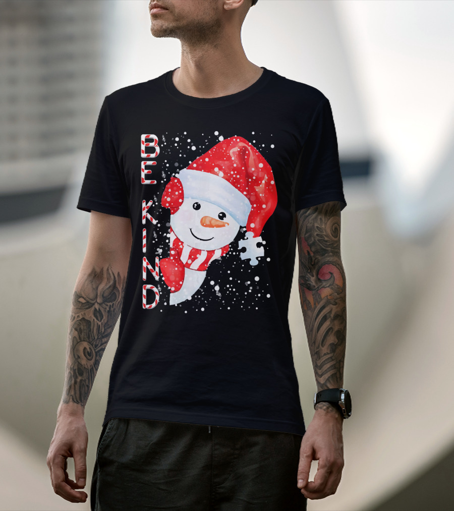 Be Kind Snowman Santa Hat Autism Puzzle Piece Holiday T-Shirt