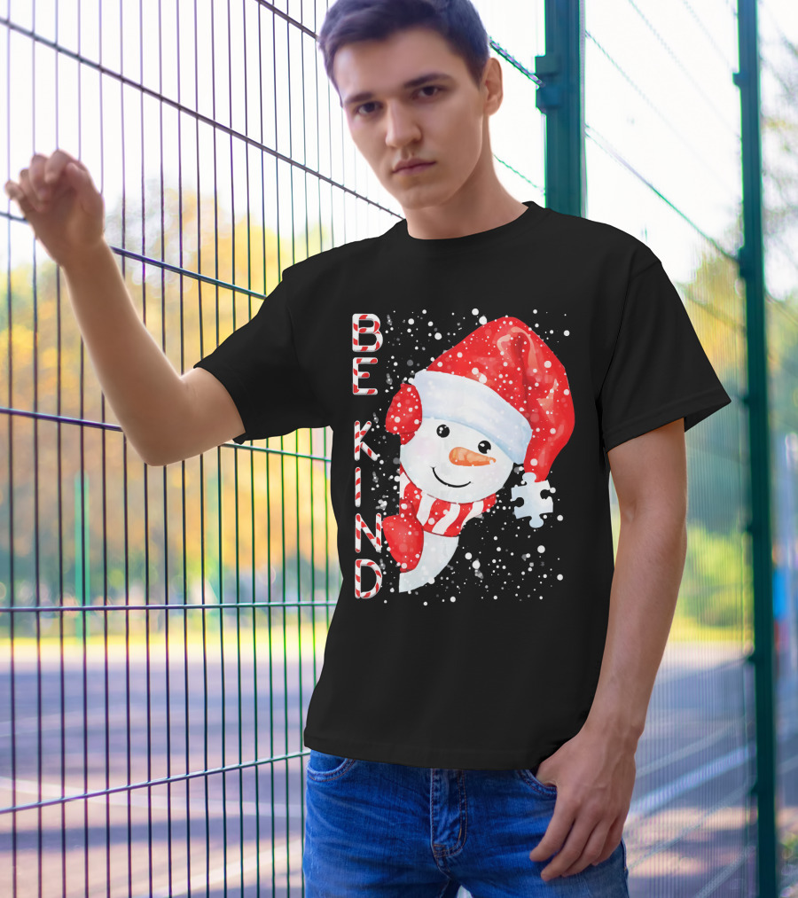 Be Kind Snowman Santa Hat Autism Puzzle Piece Holiday T-Shirt