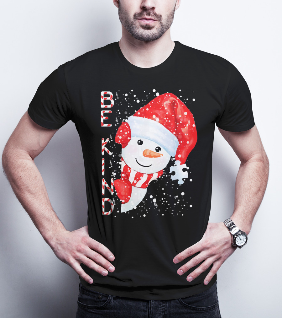 Be Kind Snowman Santa Hat Autism Puzzle Piece Holiday T-Shirt