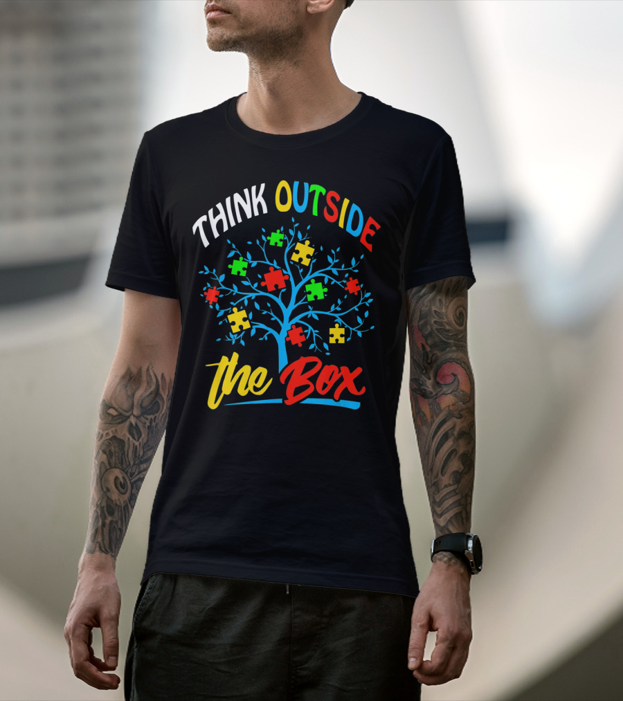 Think Outside The Box Puzzle Tree Autism Awareness T-Shirt