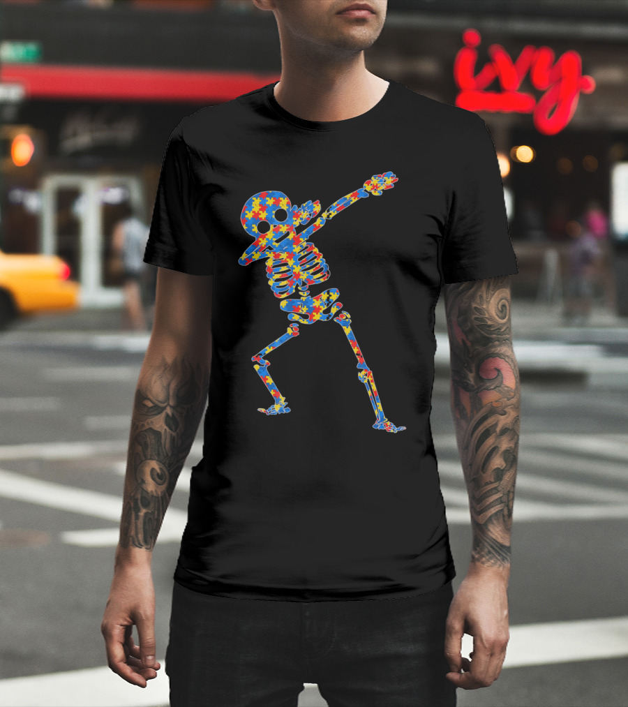 Halloween Autism Skeleton Dabbing Puzzle Pattern Awareness T-Shirt