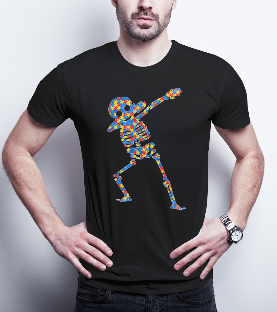 Halloween Autism Skeleton Dabbing Puzzle Pattern Awareness T-Shirt