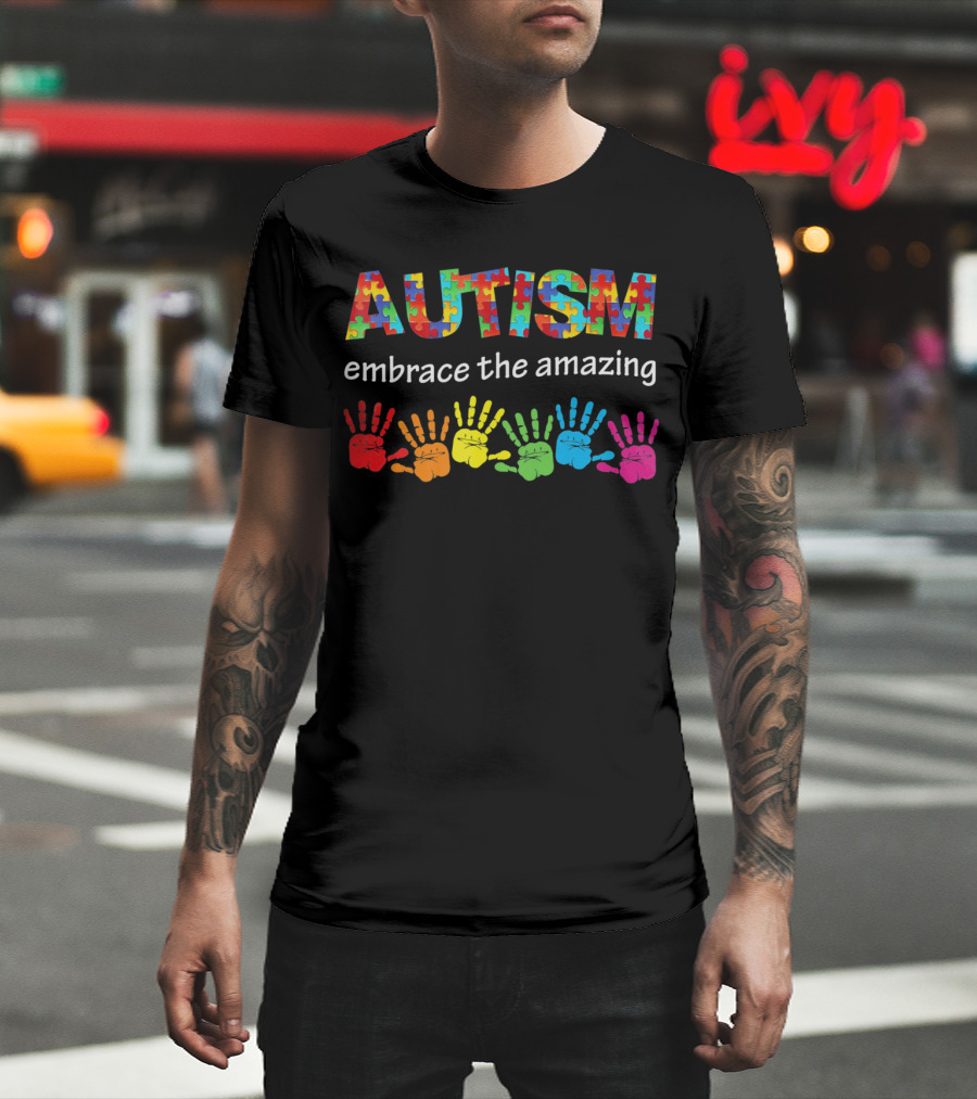 AUTISM Embrace The Amazing Rainbow Handprints Puzzle T-Shirt