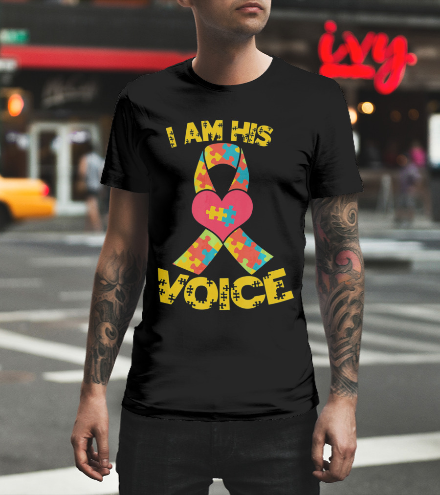 I Am His Voice Autism Awareness Puzzle Ribbon Heart T-Shirt