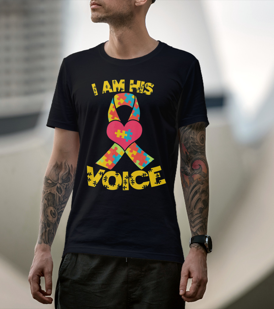 I Am His Voice Autism Awareness Puzzle Ribbon Heart T-Shirt
