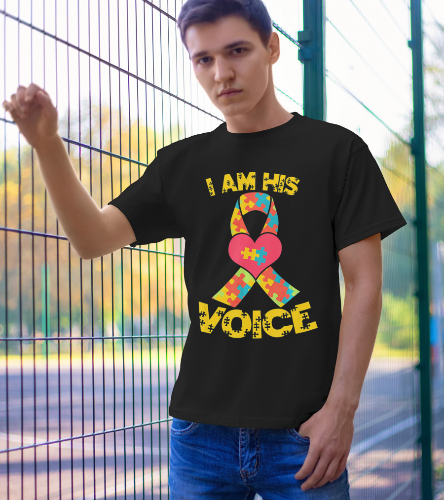 I Am His Voice Autism Awareness Puzzle Ribbon Heart T-Shirt