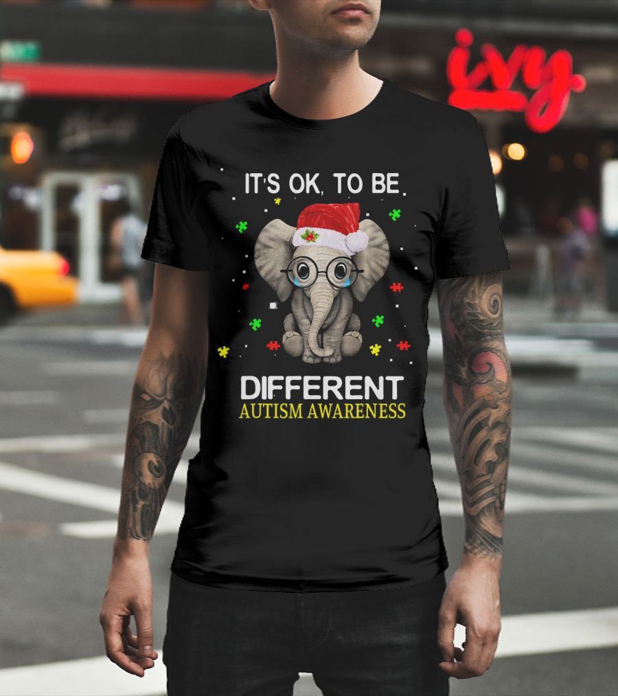 Its OK To Be Different Elephant Autism Awareness Santa Hat Puzzle Pieces T-Shirt