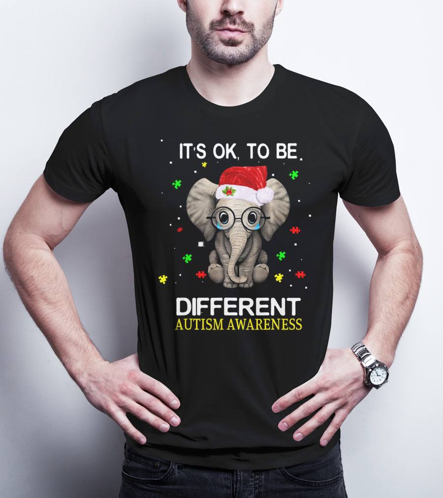 Its OK To Be Different Elephant Autism Awareness Santa Hat Puzzle Pieces T-Shirt