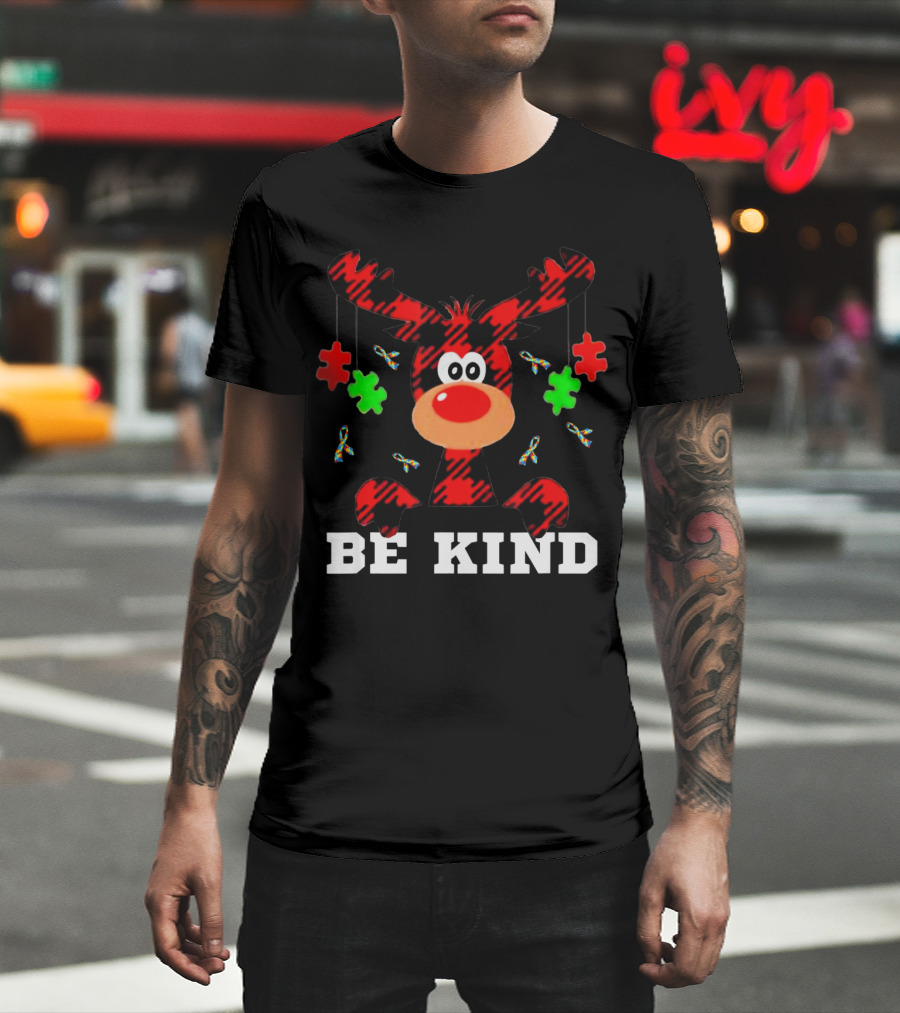 Be Kind Autism Awareness Christmas Reindeer Puzzle Pieces T-Shirt