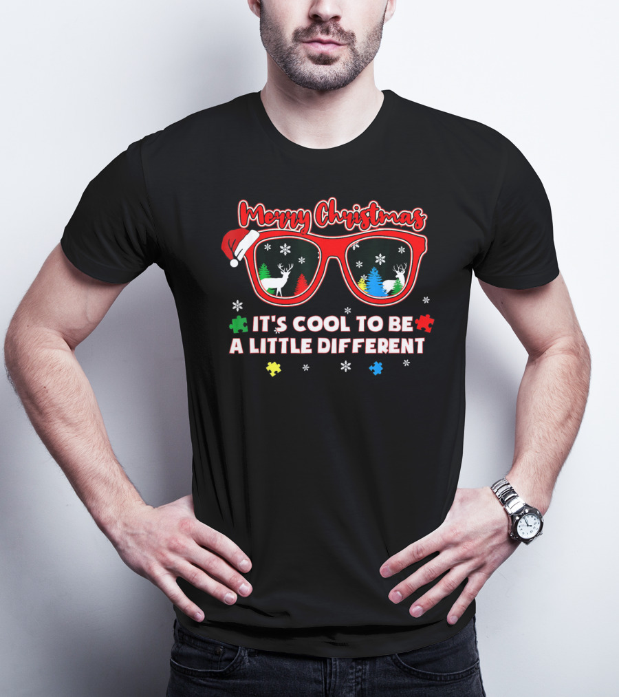 Merry Christmas Autism Awareness Santa Sunglasses It's Cool To Be A Little Different T-Shirt