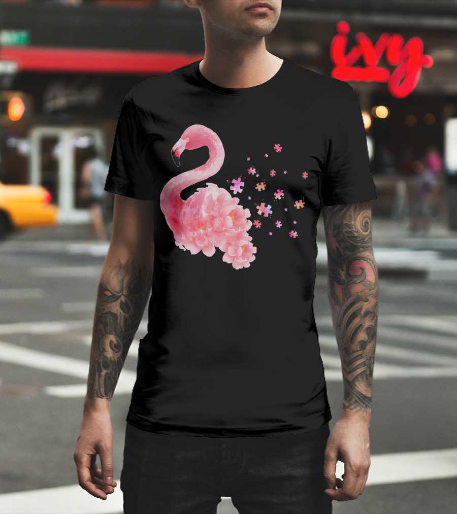 Flamingo Puzzle Autism Awareness Floral Elements T-Shirt