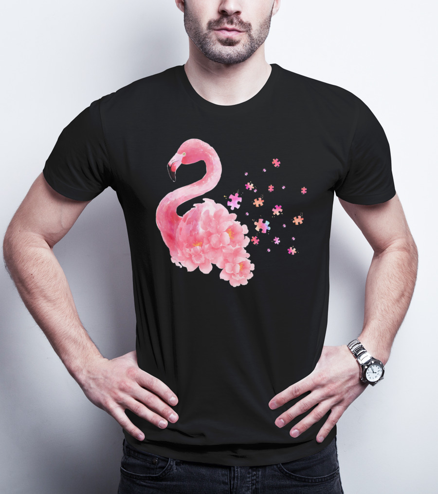 Flamingo Puzzle Autism Awareness Floral Elements T-Shirt