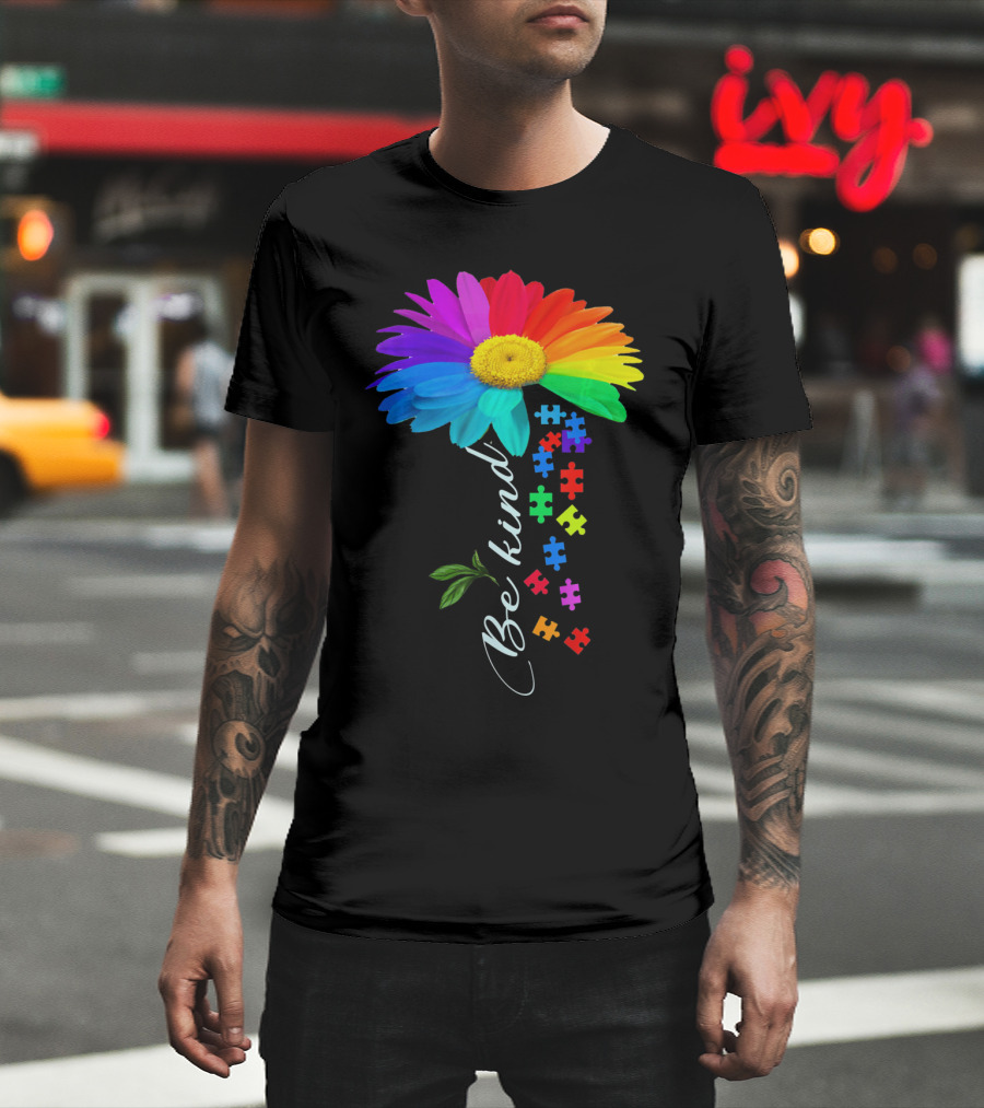 Be Kind Autism Awareness Choose Kindness Rainbow Flower Puzzle Pieces T-Shirt
