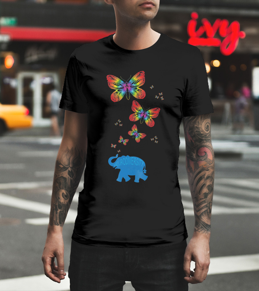 Neurodiversity Autism Elephant With Rainbow Butterflies T-Shirt
