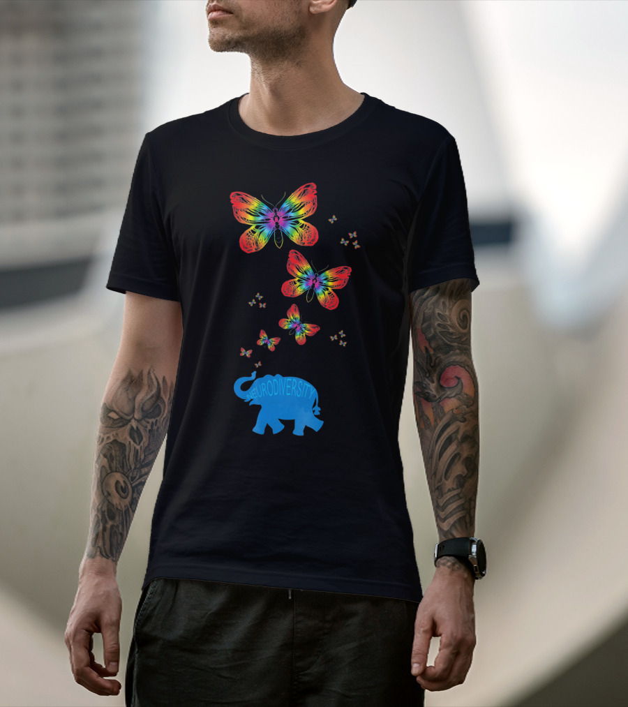 Neurodiversity Autism Elephant With Rainbow Butterflies T-Shirt