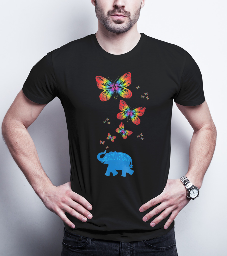 Neurodiversity Autism Elephant With Rainbow Butterflies T-Shirt