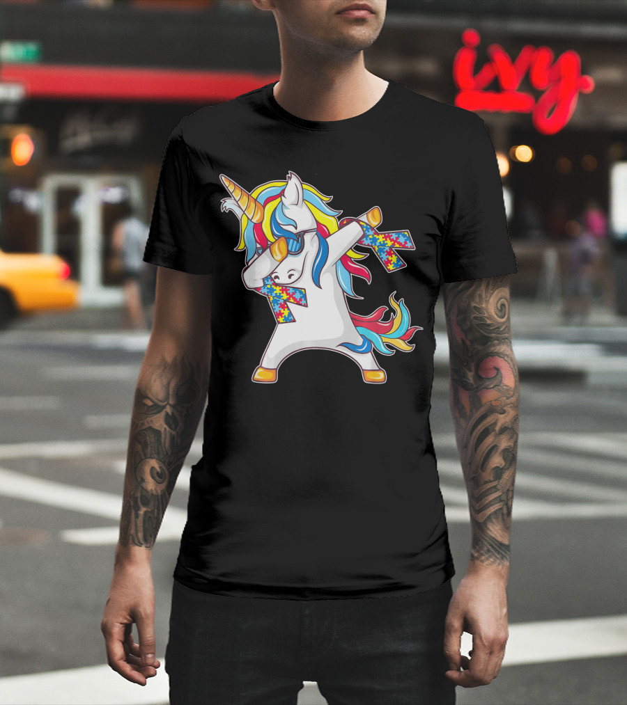 Autism Awareness Unicorn With Colorful Puzzle Dabbing Pose T-Shirt