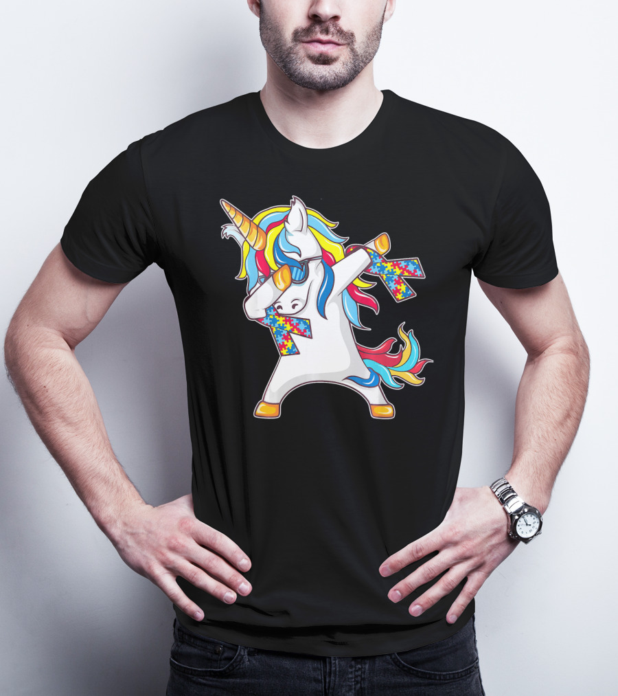 Autism Awareness Unicorn With Colorful Puzzle Dabbing Pose T-Shirt