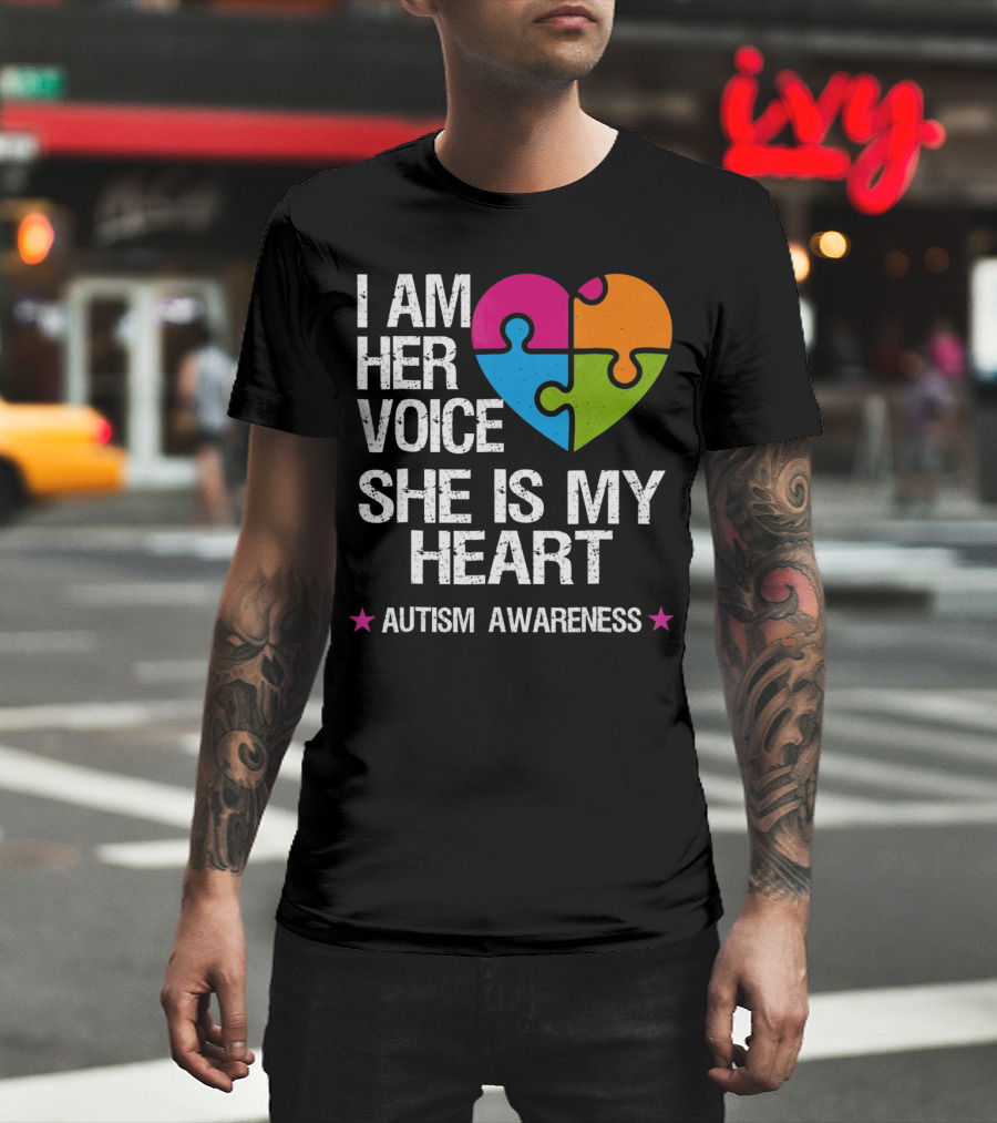 I Am Her Voice She Is My Heart Autism Awareness Puzzle Heart T-Shirt