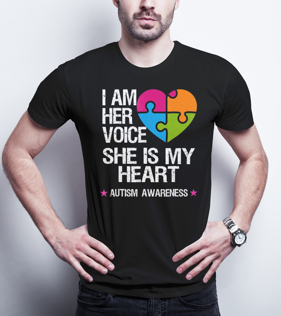 I Am Her Voice She Is My Heart Autism Awareness Puzzle Heart T-Shirt
