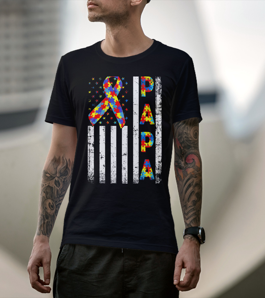 Papa Autism Awareness Puzzle Ribbon USA Flag T-Shirt