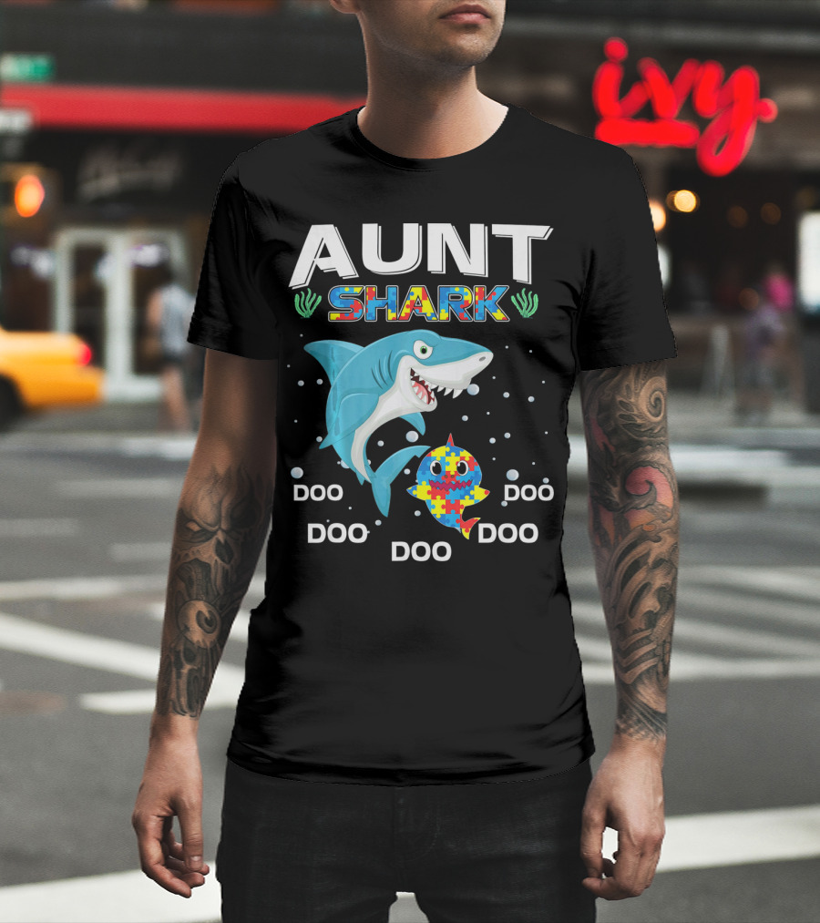 Aunt Shark Doo Doo Autism Awareness Puzzle Piece T-Shirt