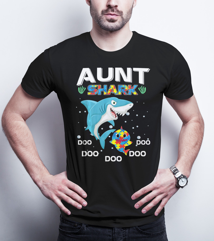 Aunt Shark Doo Doo Autism Awareness Puzzle Piece T-Shirt
