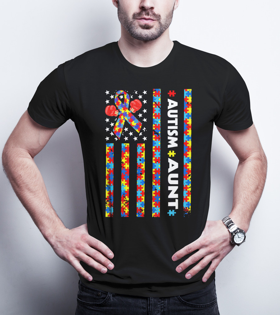 Autism Awareness Aunt American Flag Puzzle Ribbon And Boxing Gloves T-Shirt